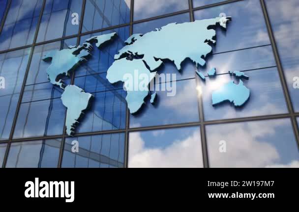 World Map sign glass building. Mirrored sky and city on modern facade ...