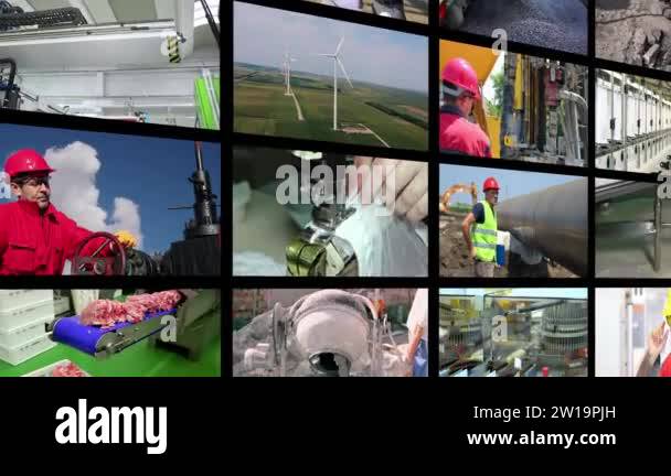 Video Wall Montage - Industrial Production. Collage of Video Clips ...