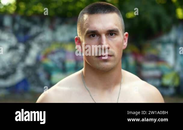 Close-up portrait of fitness male model with bare-chested, strongman ...