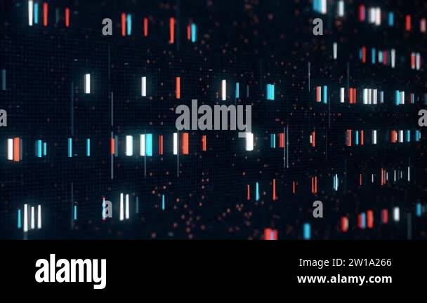 3D electronic background with moving neon stripes. Animation. Neon stripes move in rows on black ...