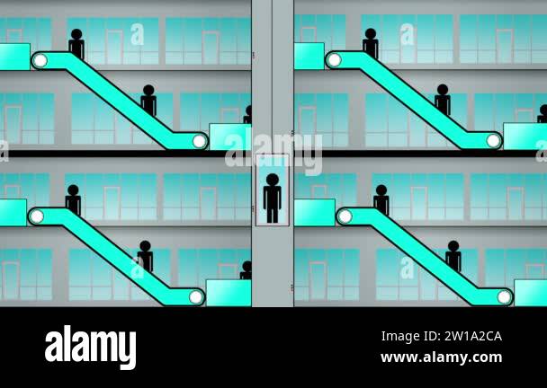 Blue Escalator Animation with an elevator in the middle with ...