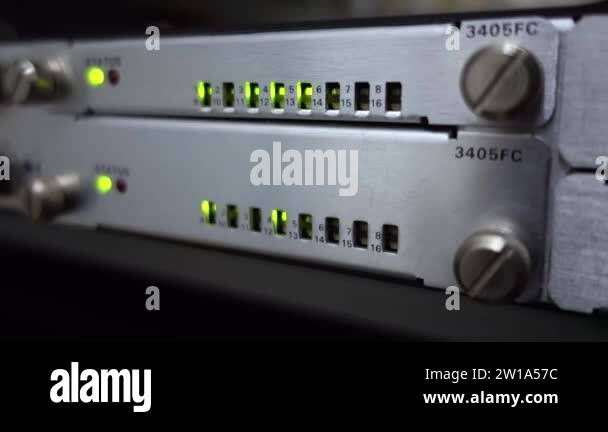 Fiber Telecommunication Optic Rack. Connected to switch in data center ...