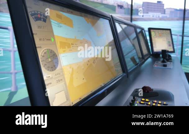 Several ship control screens with grids and maps on it on a floating ...