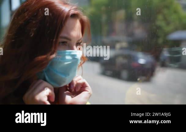 protect virus, portrait of female passenger wearing medical mask takes ...
