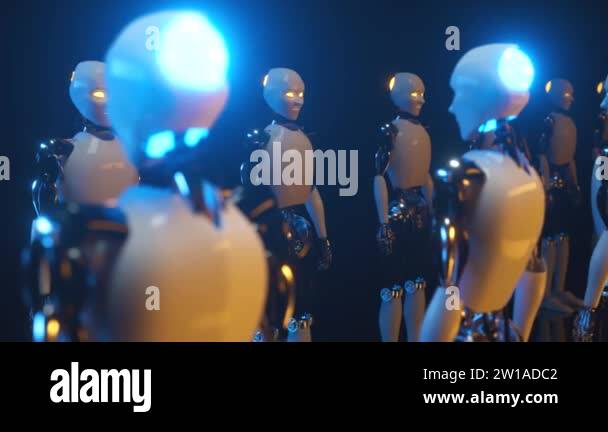 An endless corridor of robots facing each other. Future technology and ...