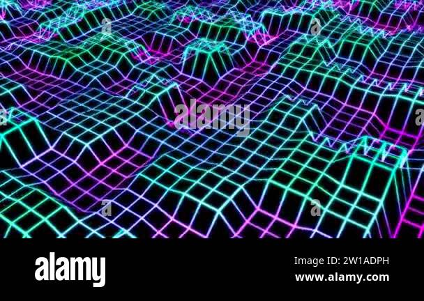 Retro 80s Wireframe Glowing Neon Grid Tiles Moving Up and Down - 4K ...