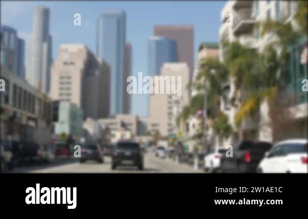 Driving on downtown streets of Los Angeles, California USA. Defocused ...