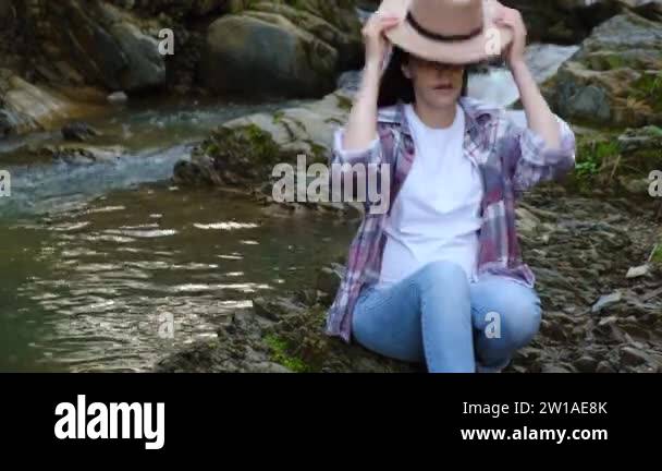 alm portrait of beautiful pregnant woman in hat enjoying peaceful ...