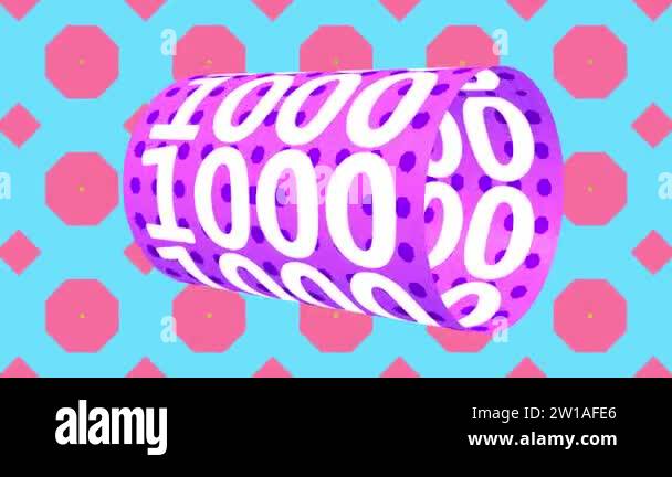 1000 digit on moving cylinder shape with animated pattern. 3D render on ...