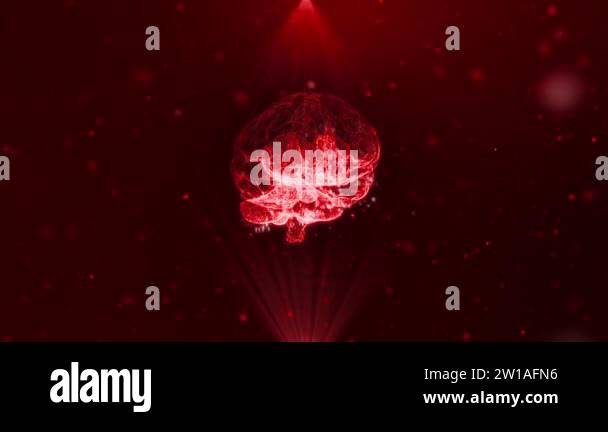 AI. Animated three-dimensional model of the brain in the rays of red ...