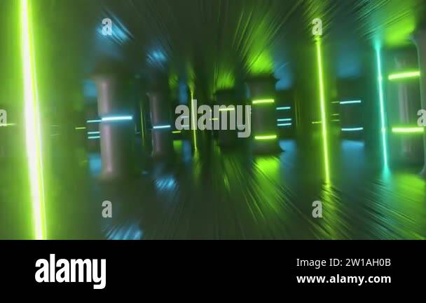 Fly through a futuristic corridor along neon glass pillars and columns ...