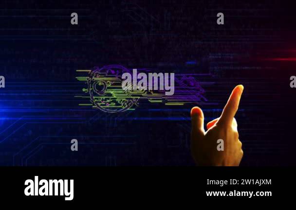 Cyber security with key symbol futuristic 3D rendering animation. Hand ...