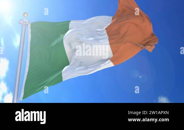Ireland animated flag in the wind with blue sky in the background ...