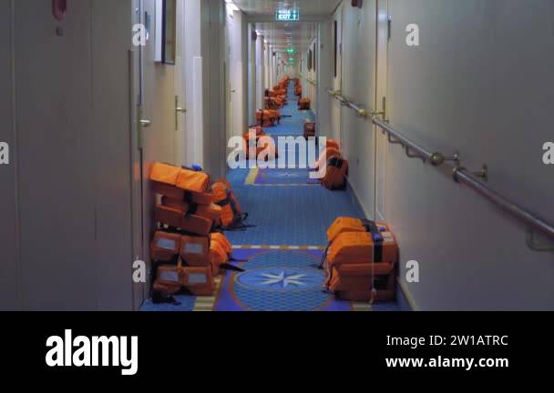 Life jackets in the guest corridor state rooms cabins on cruise ship ...