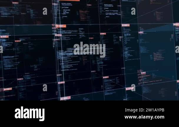 Tables with source codes on black background. Animation. 3D table in ...