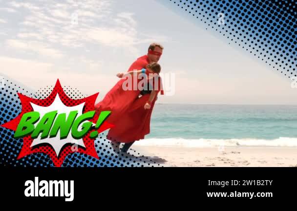 Animation of the Bang! text written over cartoon retro speech bubble ...