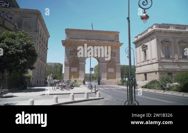 Montpellier, France - June 17, 2019: Flag of France above the stone ...