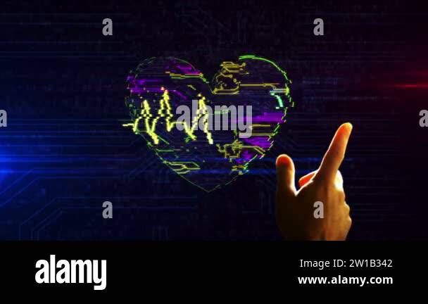 Cyber heart pulse symbol futuristic 3D rendering animation. Hand finger ...