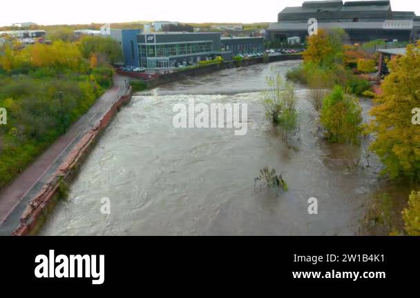 Sheffield, UK - 8th November 2019: Aerial view - The River Don floods ...