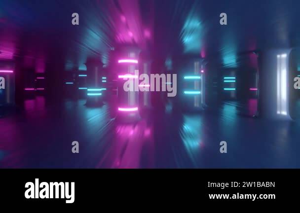 Fly through a futuristic corridor along neon glass pillars and columns ...