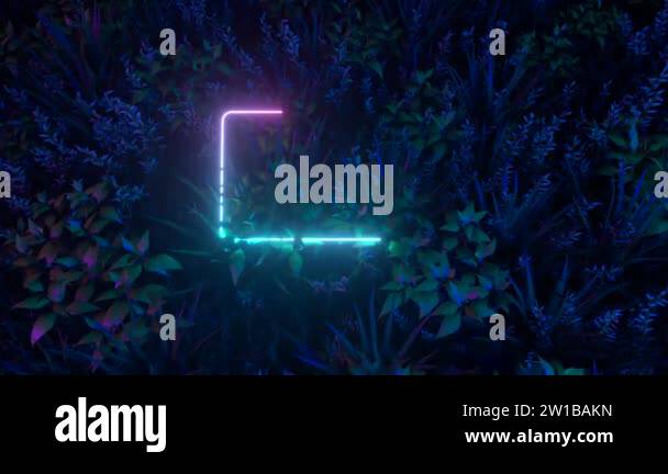 A bright ultraviolet neon frame appears against a backdrop of tropical ...