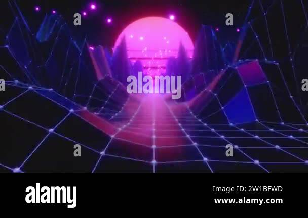 Retro futuristic flight in space with a polygonal mesh on the generated ...