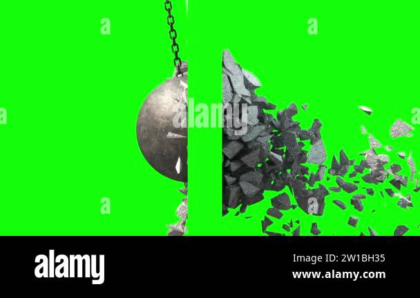 Metallic Wrecking Ball Shattering The Wall. Side View. Green Screen. 3D ...
