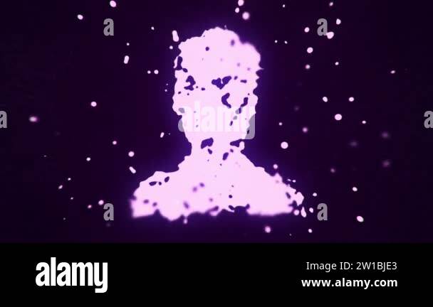 flying fluid and liquid particles form person symbol on dark background ...