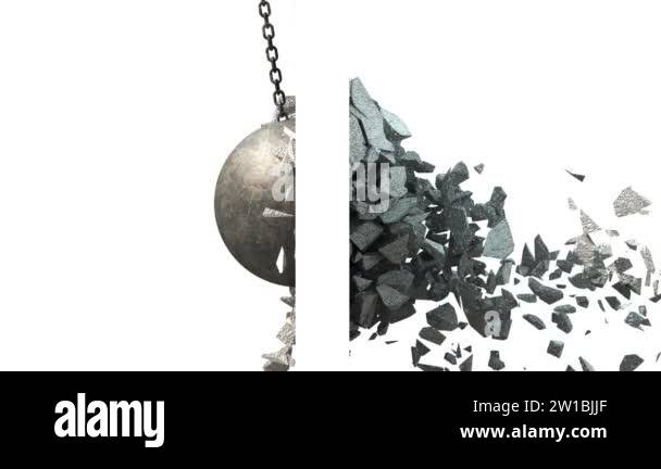 Metallic Wrecking Ball Shattering The Wall. Side View. 3D Animation ...