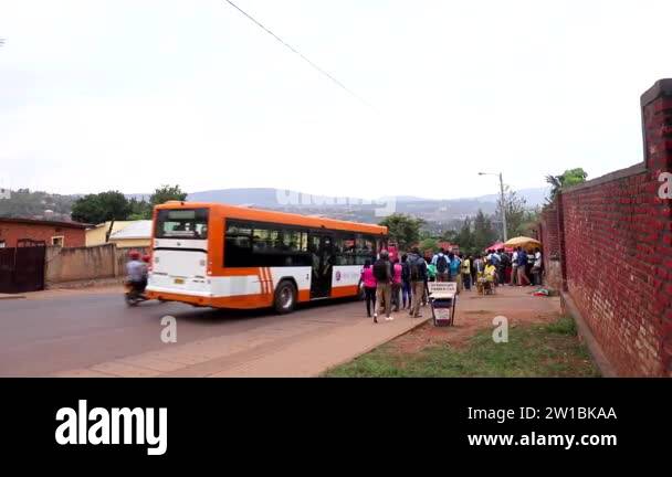 Bus stop in the Kicukiro district of Kigali, the capital of Rwanda ...