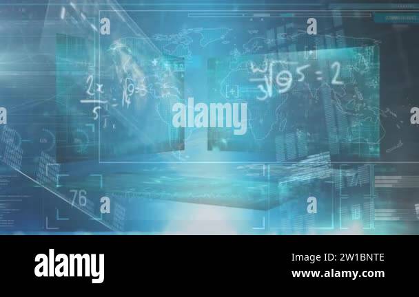 Animation of data processing and floating mathematical equations on ...
