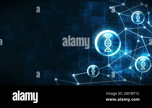 Biotechnology research with DNA icons floating. Biology gene symbol ...