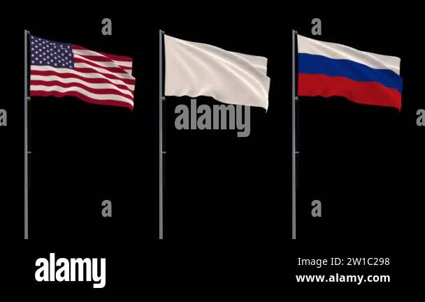 USA, Russia flags and white flag waving on transparent background, 4k ...