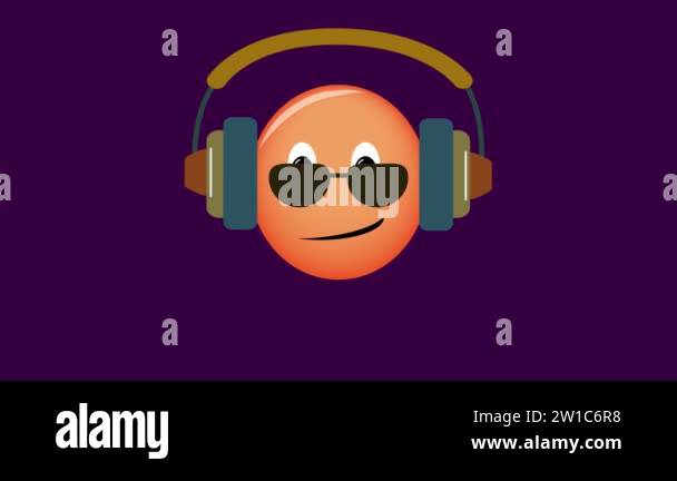 Animation of an emoticon in sunglasses and headphones listening loudly ...