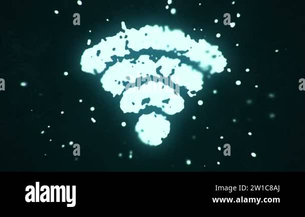 flying fluid and liquid particles form wifi symbol on dark background ...
