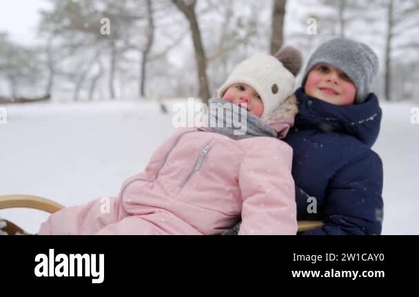 Happy family sledding on snowy winter day. Father and mother pull sled ...