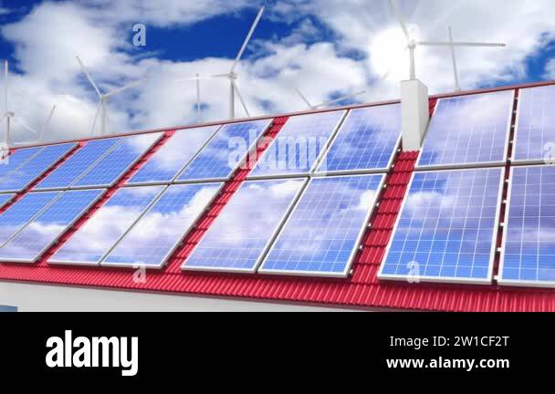 Solar panels installed on a roof, wind turbines - 3D 4k animation Stock ...