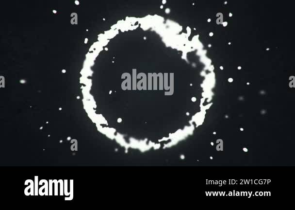 flying fluid and liquid particles form globe symbol on dark background ...