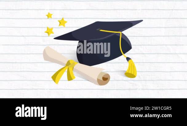 Animation of graduation hat and certificate icon on lined white paper ...