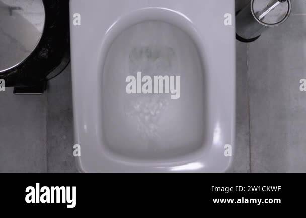 Flushing Water in a Public Toilet. Cabin with a Toilet Bowl, a Trash ...