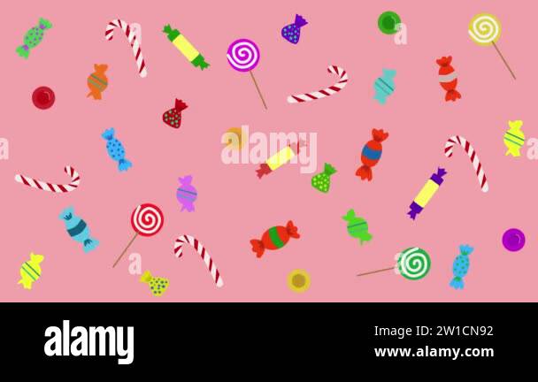 2D animation, sweet candies moving on pink background. Tasty sweets ...