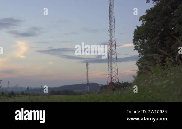 Telecommunication tower 5G with radio antennas in a green environment ...