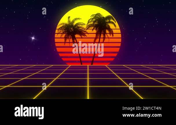 Stylized vintage 3D animation background sun and glowing stars. Retro ...