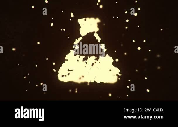 flying fluid and liquid particles form chemistry flask symbol on dark ...