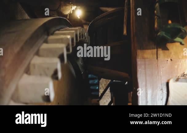 4k huge wooden windmill cogwheels turning slowly traditional old dutch ...