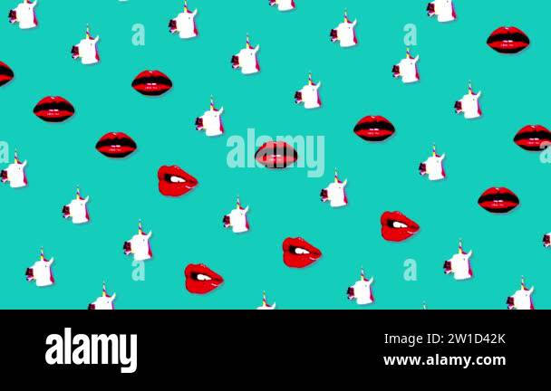 Abstract Minimal pop art motion design animation of unicorns and lips ...