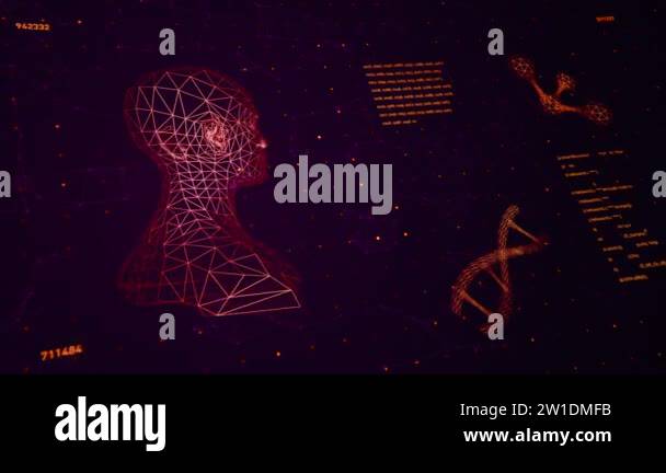 Background with animation of abstract interface. Human body, DNA ...