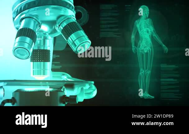 Concept for healthcare with scientific microscope on creative blue ...