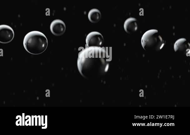 Close up of row black moving changing 3D atoms, liquid circles of ...