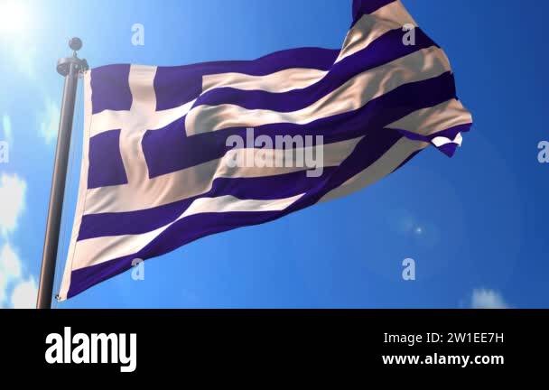 Greece animated flag in the wind with blue sky in the background, green ...